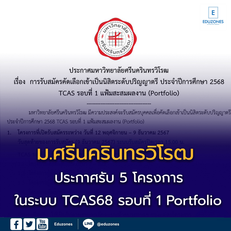 มศว เปิดรับ 5 โครงการ TCAS68 รอบที่ 1 Portfolio - การศึกษา ข่าว สอบตรง ...