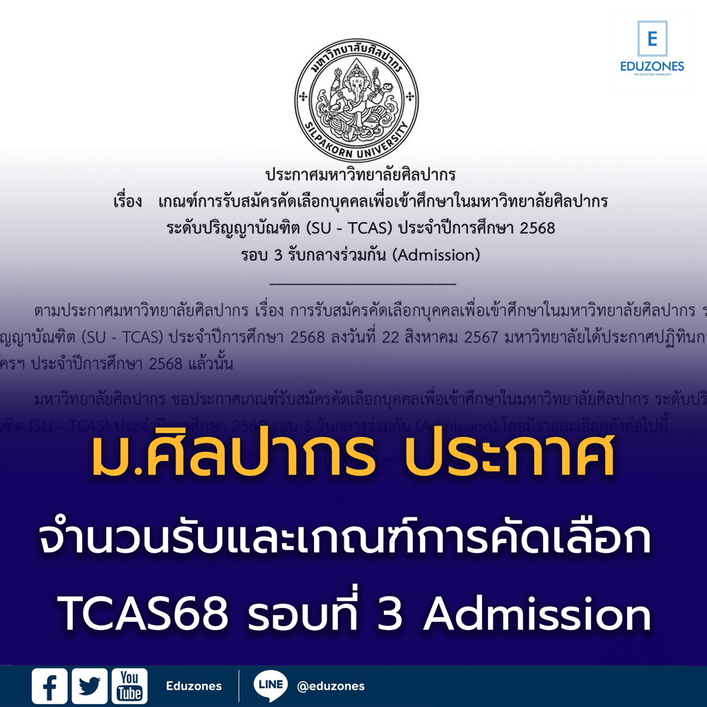 ม.ศิลปากร ประกาศ จำนวนรับและเกณฑ์การคัดเลือก TCAS68 รอบที่ 3 Admission ...
