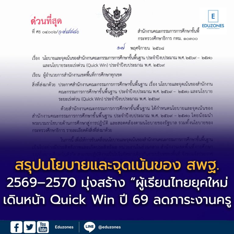 สรุปนโยบายและจุดเน้นของ สพฐ. ปีงบประมาณ 2569–2570 และนโยบายระยะเร่งด่วน ...